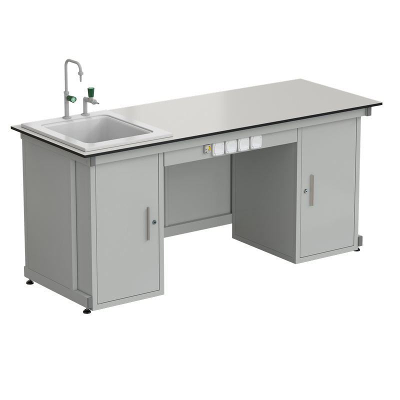 Demonstration bench with 2 floor-standing cabinets, electrical ...